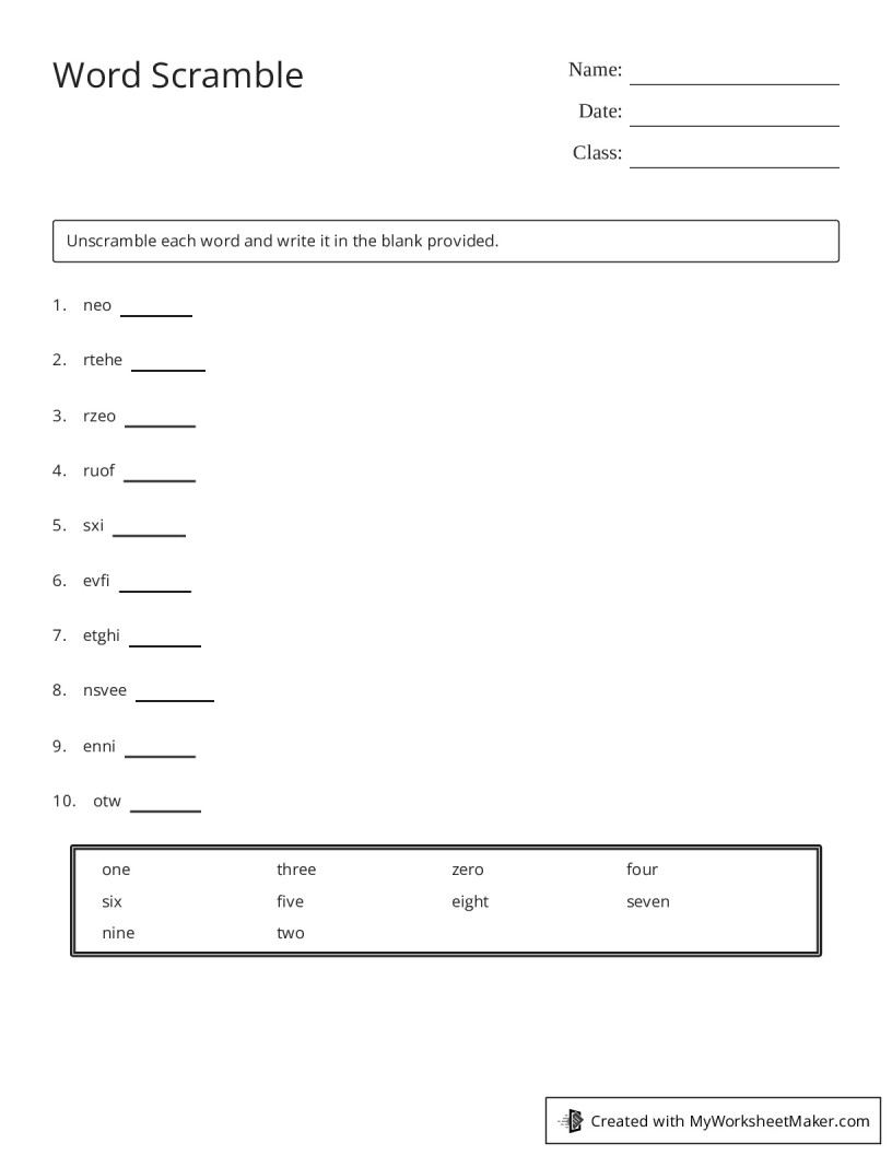 Word Scramble - My Worksheet Maker: Create Your Own Worksheets