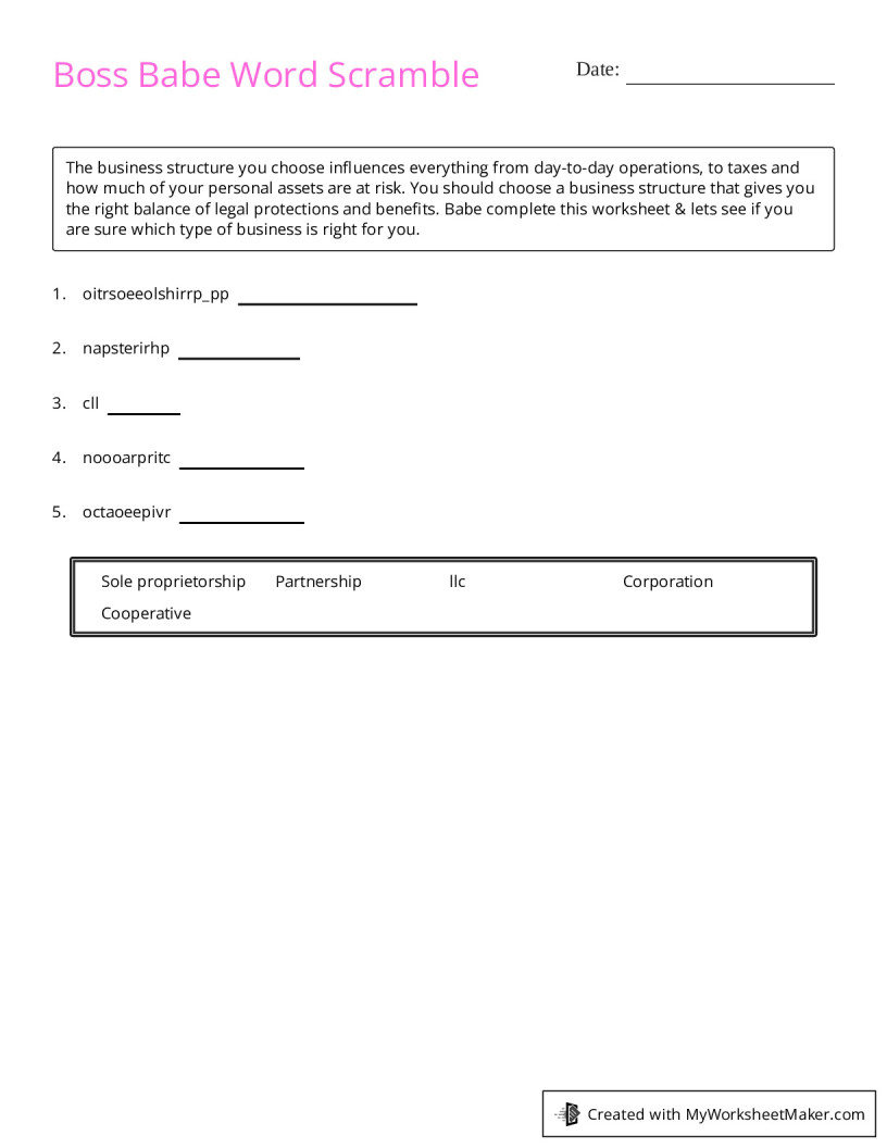 Boss Babe Word Scramble - My Worksheet Maker: Create Your Own Worksheets