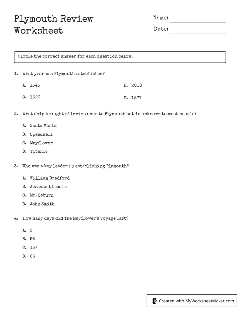 Plymouth Review Worksheet - My Worksheet Maker: Create Your Own Worksheets