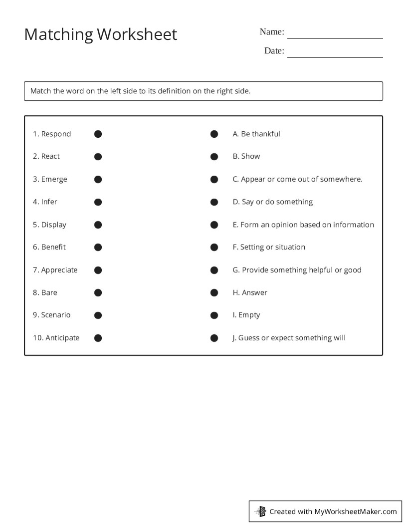 Matching Worksheet - My Worksheet Maker: Create Your Own Worksheets