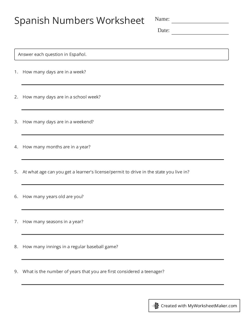 Spanish Numbers Worksheet - My Worksheet Maker: Create Your Own Worksheets