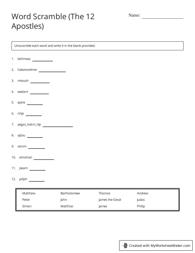 Word Scramble (The 12 Apostles) - My Worksheet Maker: Create Your Own ...