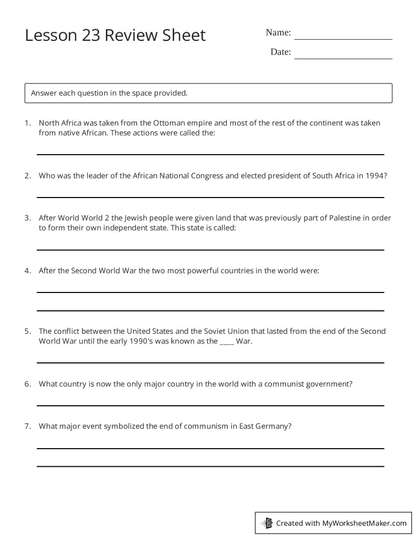 Lesson 23 Review Sheet - My Worksheet Maker: Create Your Own Worksheets