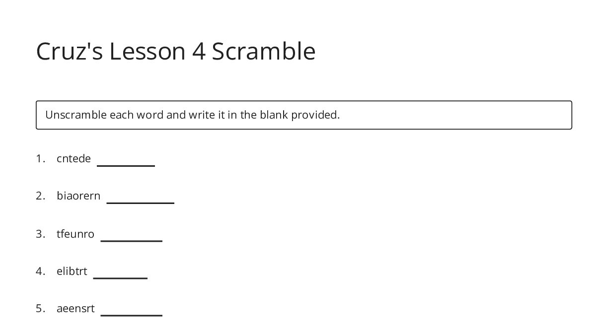 Cruz's Lesson 4 Scramble - My Worksheet Maker: Create Your Own Worksheets
