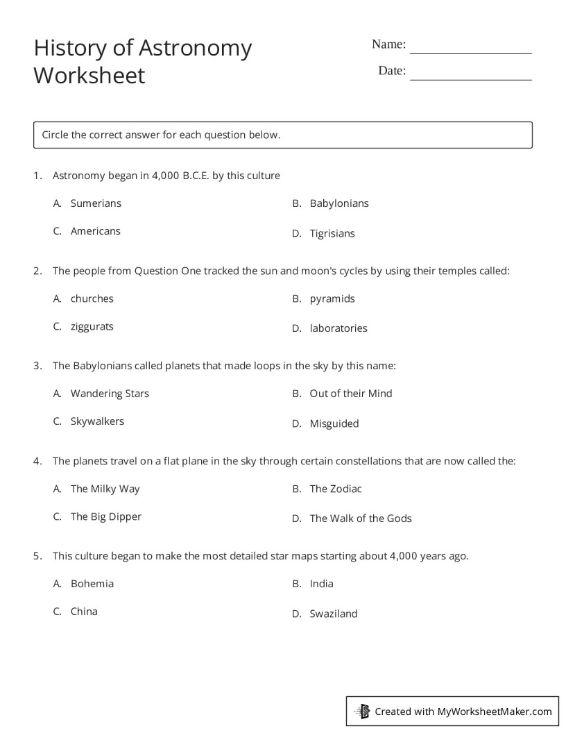 History of Astronomy Worksheet - My Worksheet Maker: Create Your Own ...