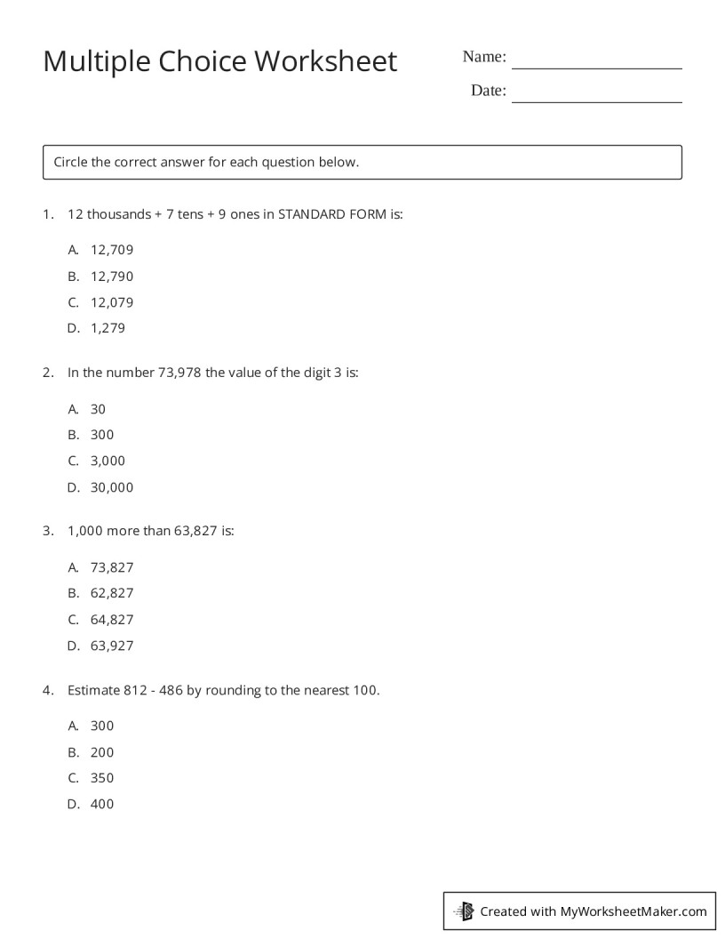 Multiple Choice Worksheet - My Worksheet Maker: Create Your Own Worksheets