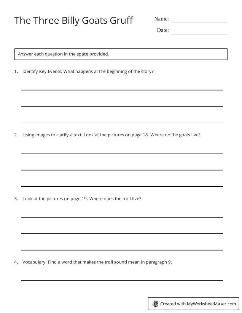 The Three Billy Goats Gruff - My Worksheet Maker: Create Your Own ...