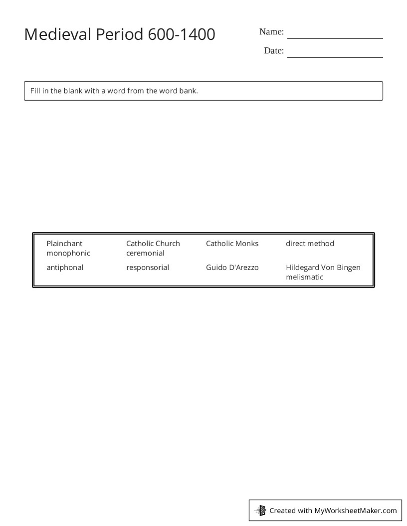 Medieval Period 600-1400 - My Worksheet Maker: Create Your Own Worksheets