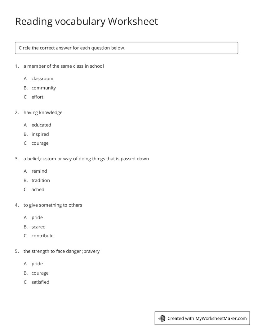 Reading vocabulary Worksheet - My Worksheet Maker: Create Your Own ...