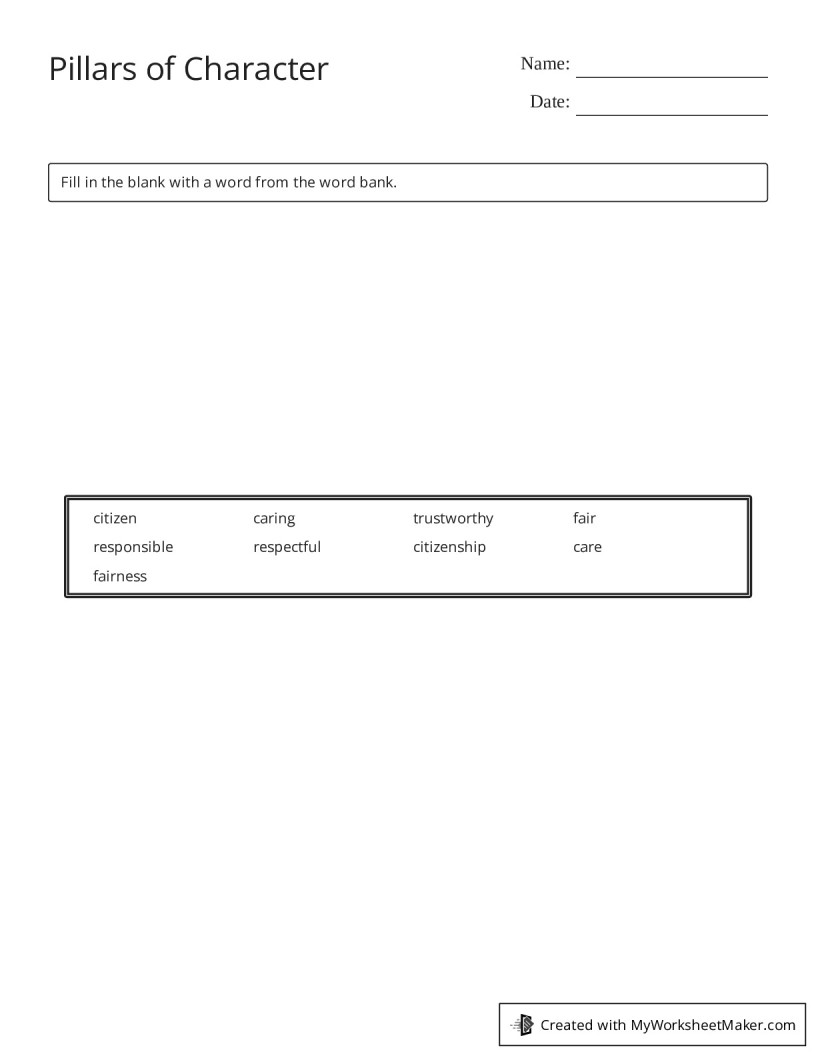 Pillars of Character - My Worksheet Maker: Create Your Own Worksheets