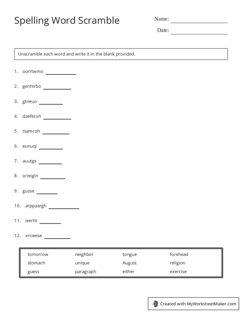 Spelling Word Scramble - My Worksheet Maker: Create Your Own Worksheets