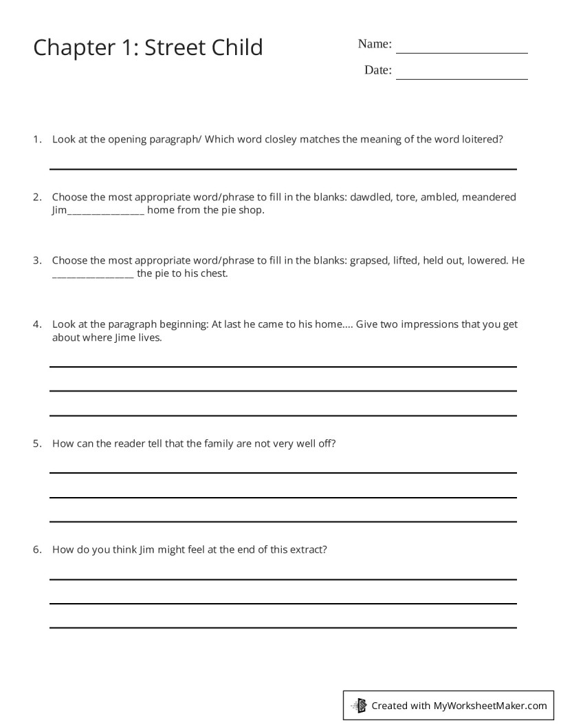 Chapter 1: Street Child - My Worksheet Maker: Create Your Own Worksheets