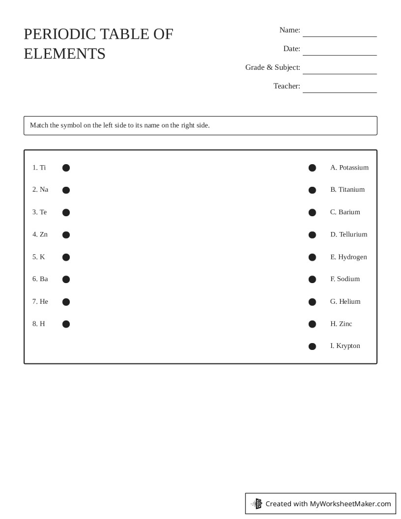 PERIODIC TABLE OF ELEMENTS - My Worksheet Maker: Create Your Own Worksheets