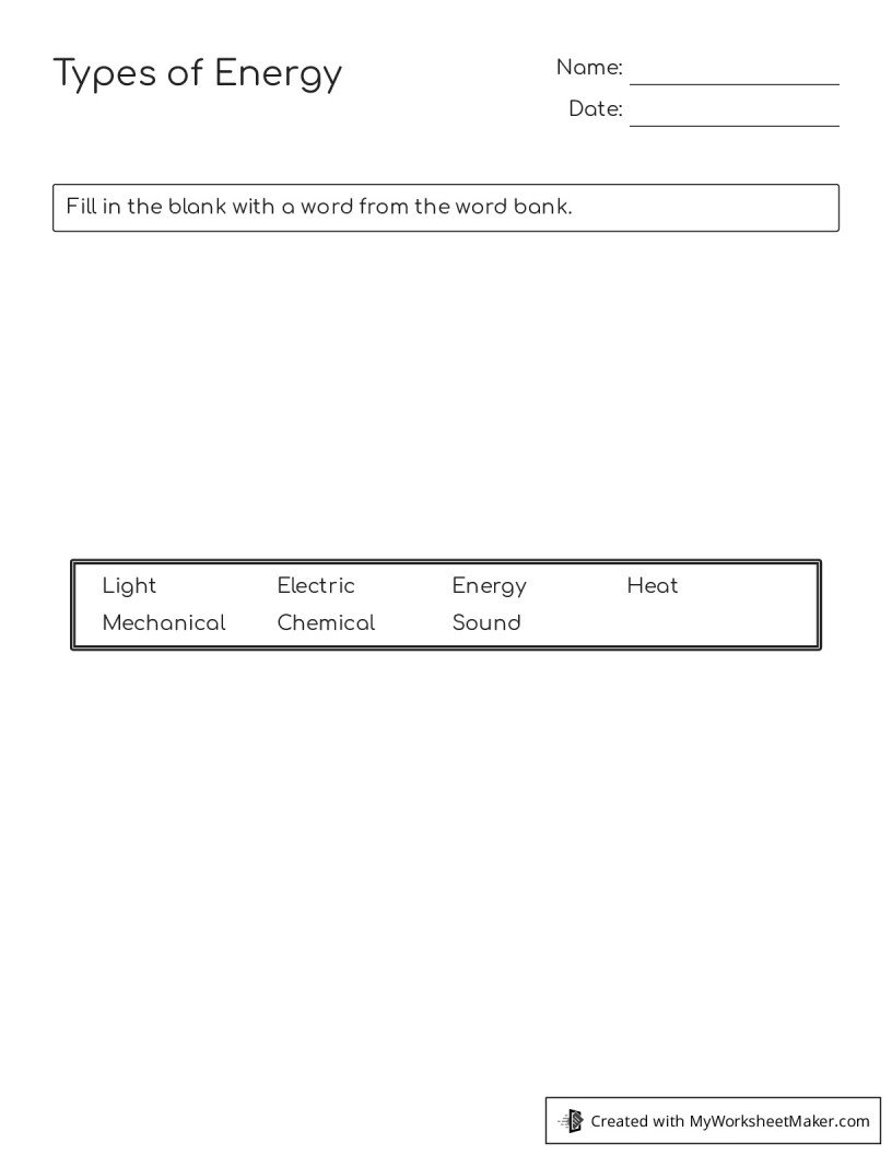 Types of Energy - My Worksheet Maker: Create Your Own Worksheets