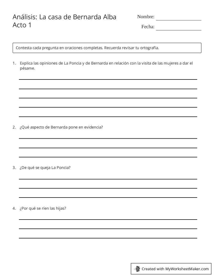 Análisis: La casa de Bernarda Alba Acto 1 - My Worksheet Maker: Create ...
