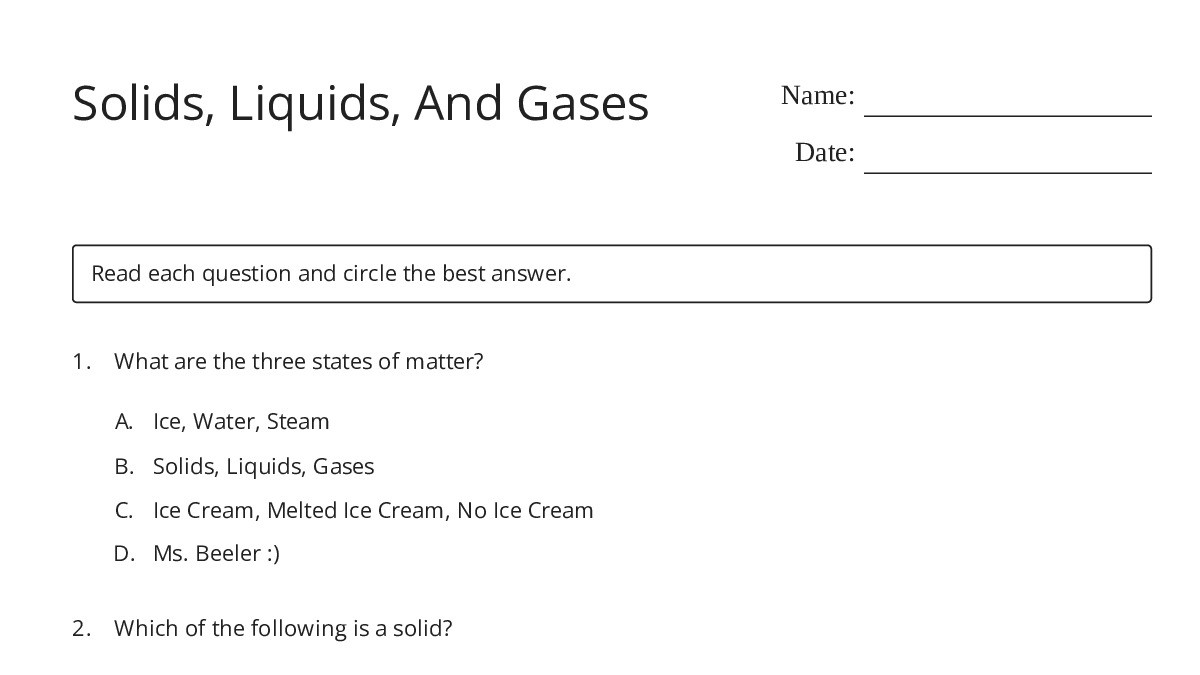 Solids, Liquids, And Gases - My Worksheet Maker: Create Your Own Worksheets