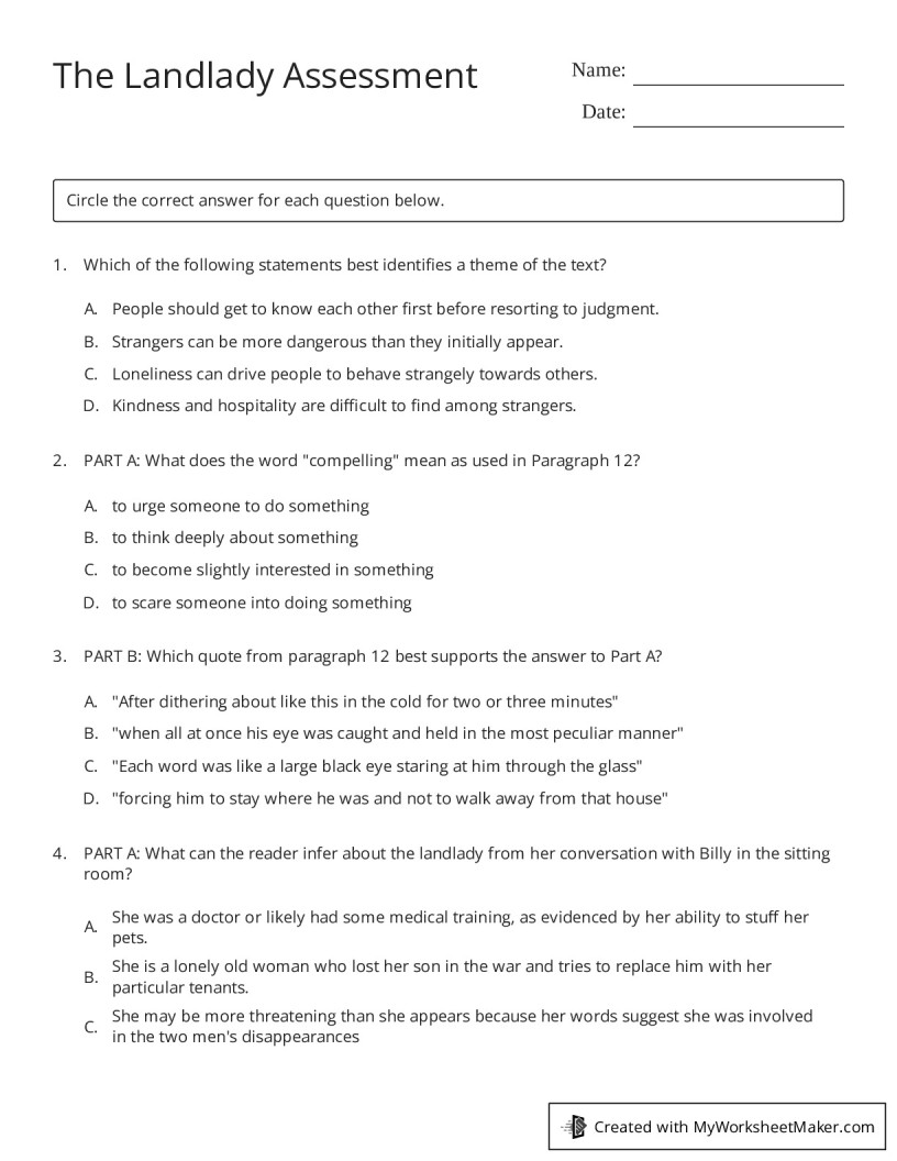 The Landlady Assessment - My Worksheet Maker: Create Your Own Worksheets