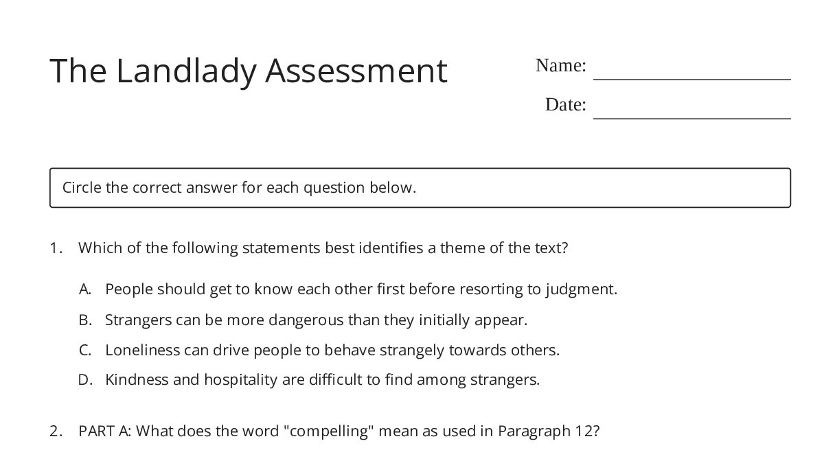 The Landlady Assessment - My Worksheet Maker: Create Your Own Worksheets