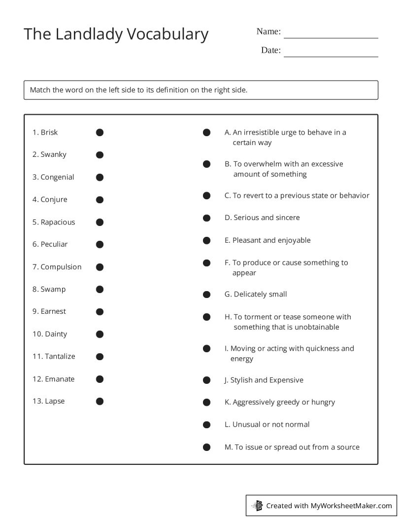The Landlady Vocabulary - My Worksheet Maker: Create Your Own Worksheets