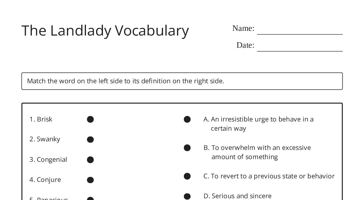 The Landlady Vocabulary - My Worksheet Maker: Create Your Own Worksheets