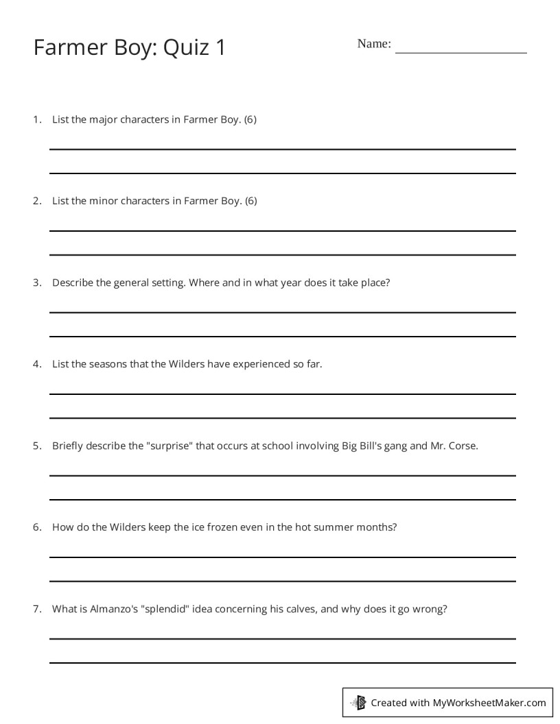Farmer Boy: Quiz 1 - My Worksheet Maker: Create Your Own Worksheets