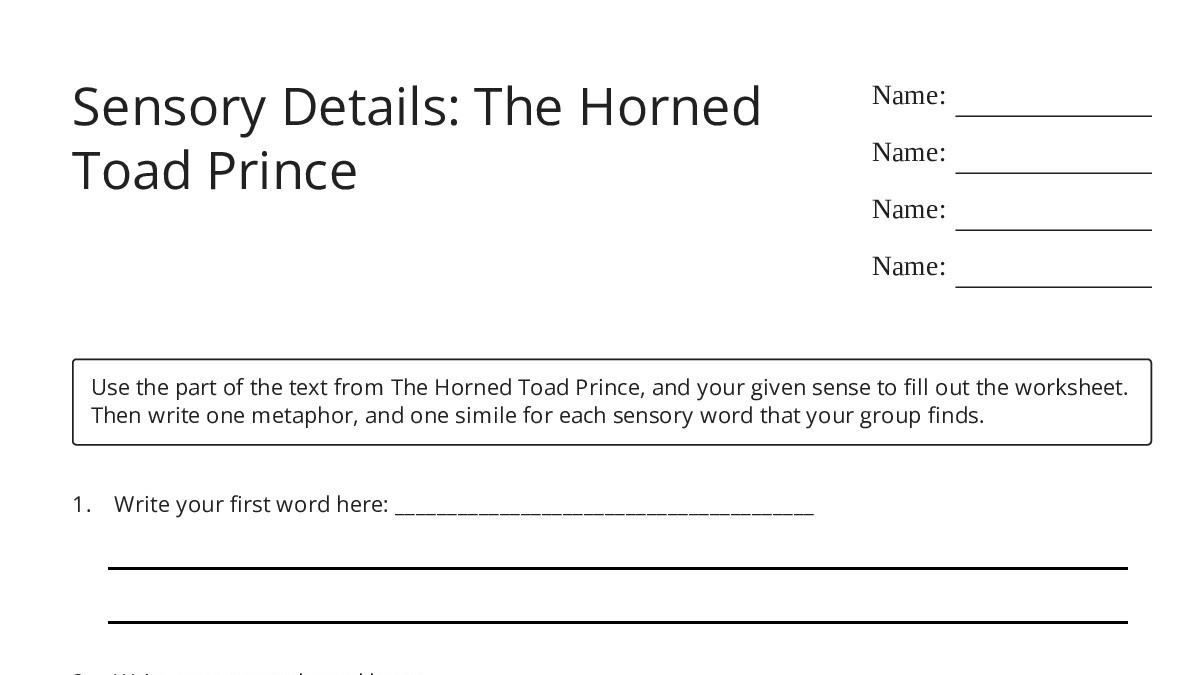 Sensory Details: The Horned Toad Prince - My Worksheet Maker: Create ...