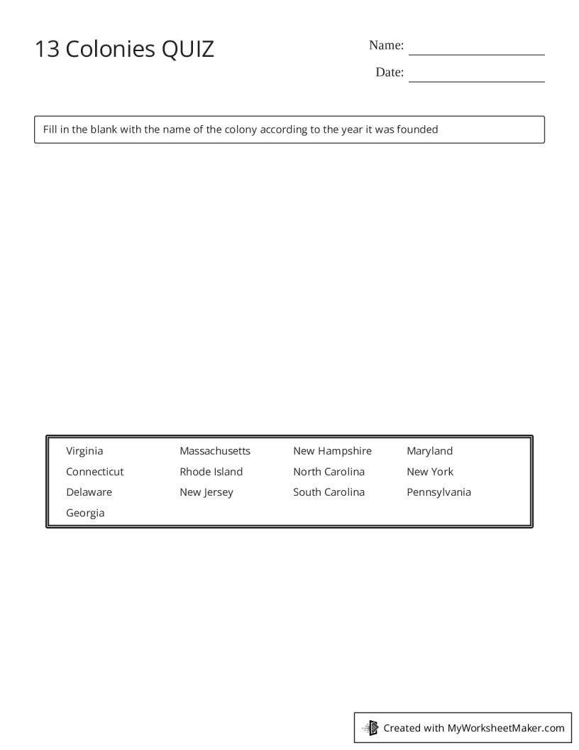 13 Colonies QUIZ - My Worksheet Maker: Create Your Own Worksheets