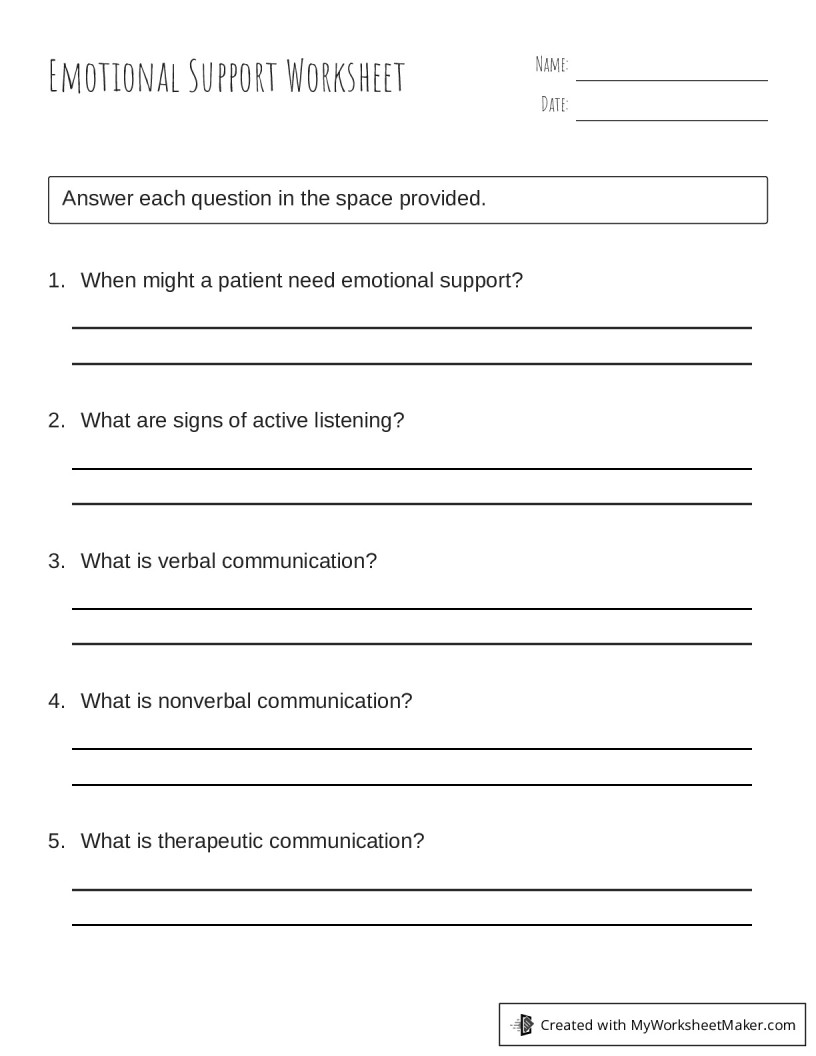 Emotional Support Worksheet - My Worksheet Maker: Create Your Own ...