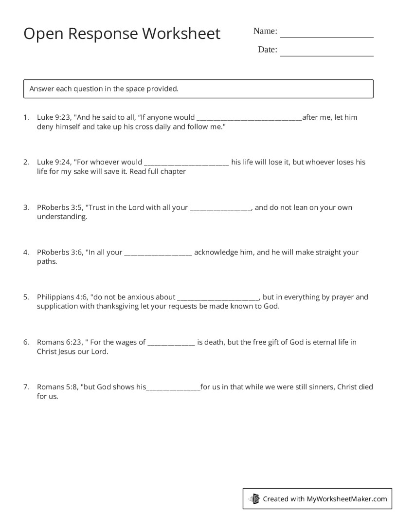 Open Response Worksheet - My Worksheet Maker: Create Your Own Worksheets