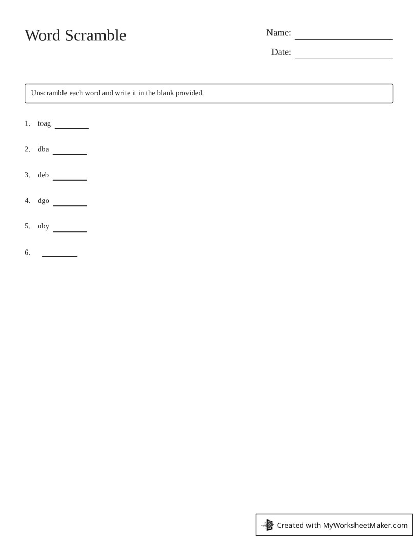 Word Scramble - My Worksheet Maker: Create Your Own Worksheets