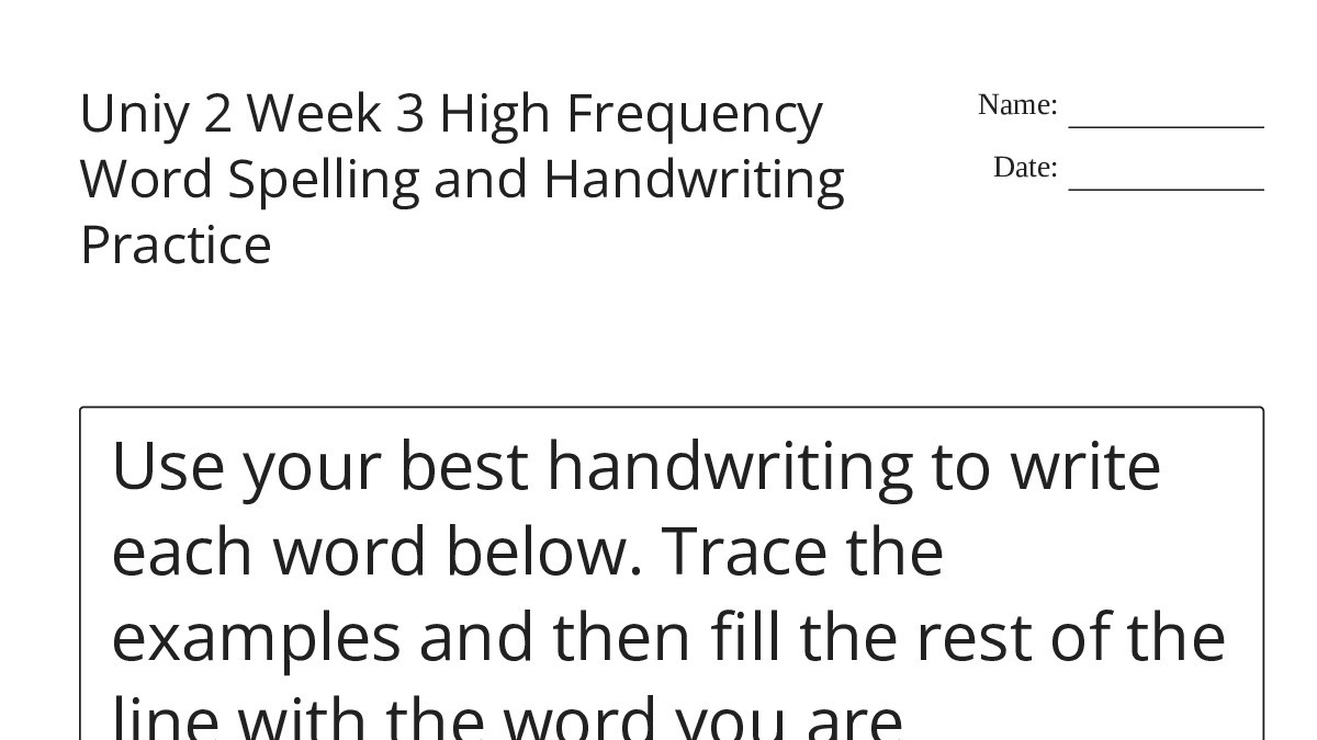 Uniy 2 Week 3 High Frequency Word Spelling and Handwriting Practice ...