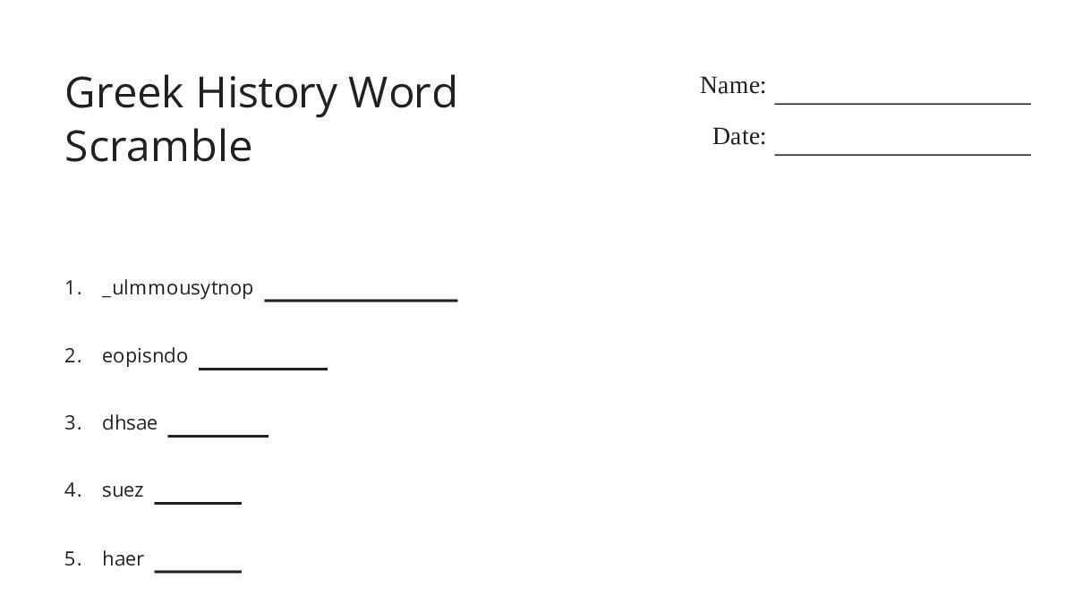 Greek History Word Scramble - My Worksheet Maker: Create Your Own ...
