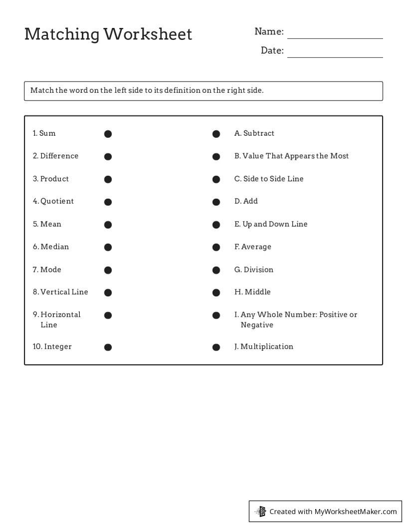 Matching Worksheet - My Worksheet Maker: Create Your Own Worksheets