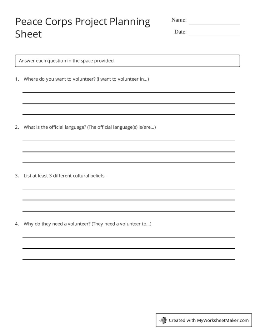 Peace Corps Project Planning Sheet - My Worksheet Maker: Create Your ...