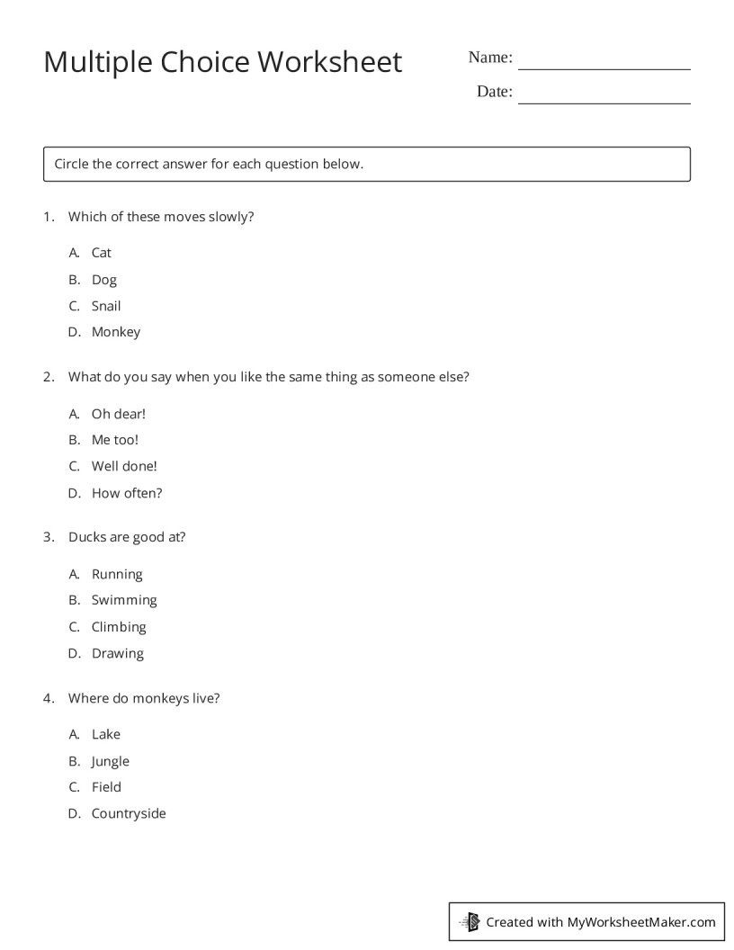 Multiple Choice Worksheet - My Worksheet Maker: Create Your Own Worksheets