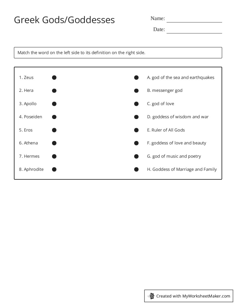 Greek Gods/Goddesses - My Worksheet Maker: Create Your Own Worksheets