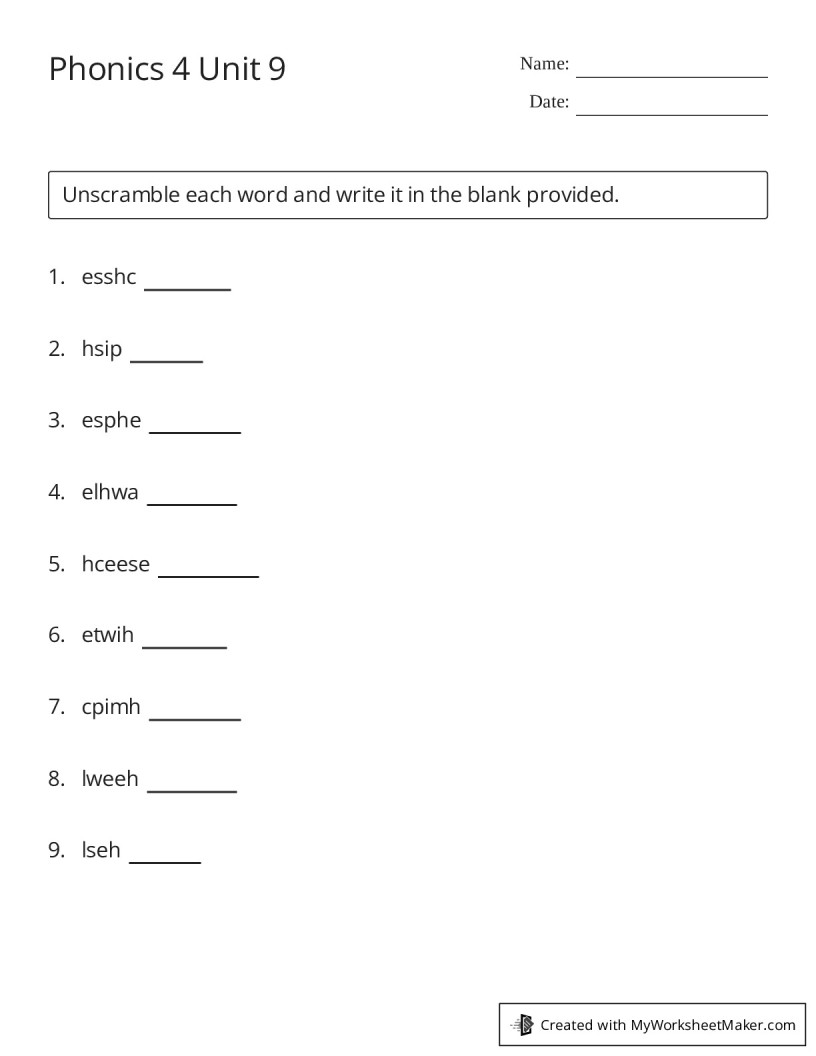 Phonics 4 Unit 9 - My Worksheet Maker: Create Your Own Worksheets