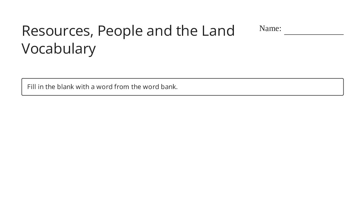 Resources, People and the Land Vocabulary - My Worksheet Maker: Create ...