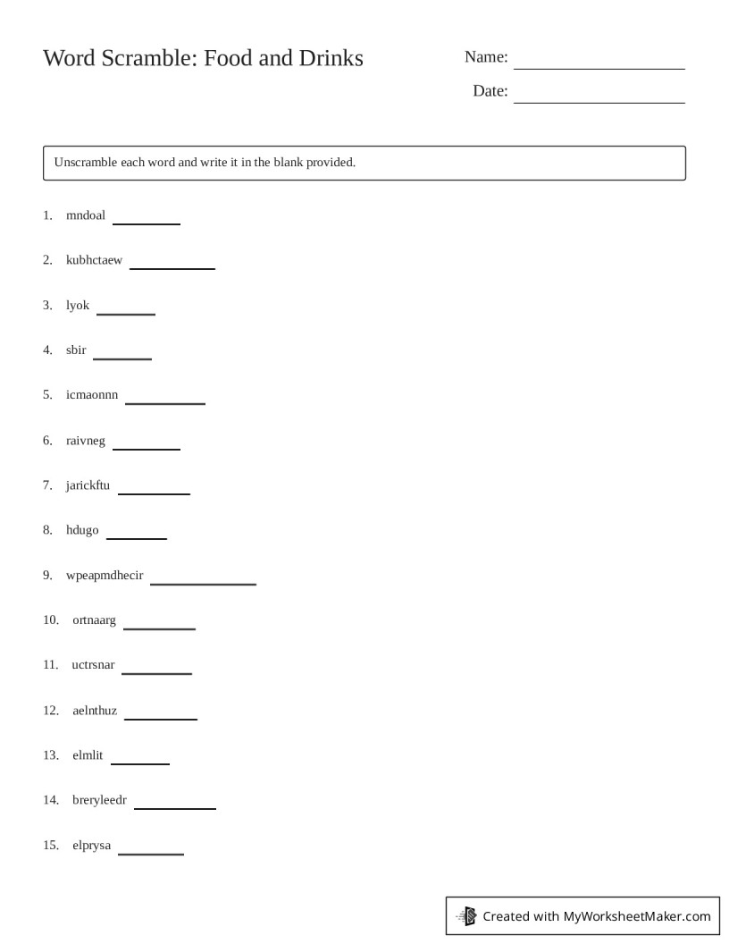 Word Scramble: Food and Drinks - My Worksheet Maker: Create Your Own ...