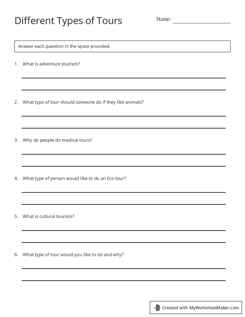 Different Types of Tours - My Worksheet Maker: Create Your Own Worksheets