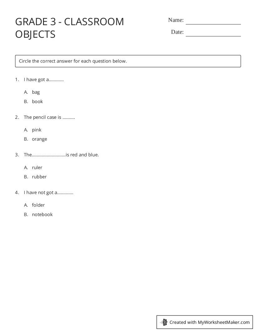 GRADE 3 - CLASSROOM OBJECTS - My Worksheet Maker: Create Your Own ...