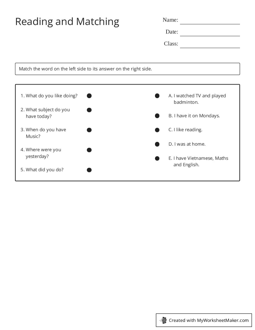 Reading and Matching - My Worksheet Maker: Create Your Own Worksheets