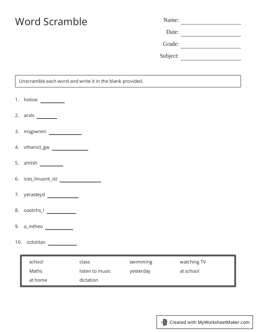Word Scramble - My Worksheet Maker: Create Your Own Worksheets