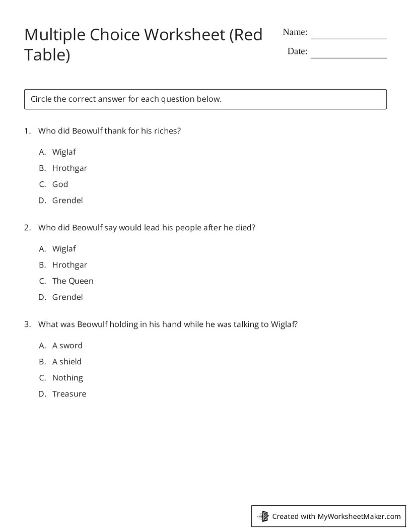 Multiple Choice Worksheet (Red Table) - My Worksheet Maker: Create Your ...