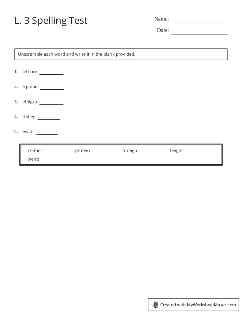 L. 3 Spelling Test - My Worksheet Maker: Create Your Own Worksheets
