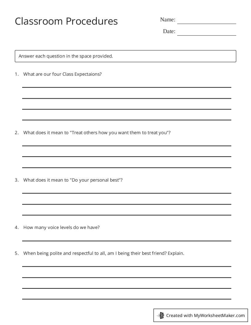 Classroom Procedures - My Worksheet Maker: Create Your Own Worksheets