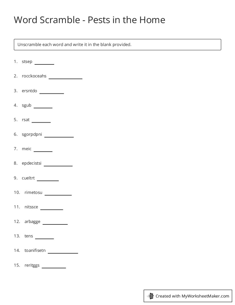Word Scramble - Pests in the Home - My Worksheet Maker: Create Your Own ...
