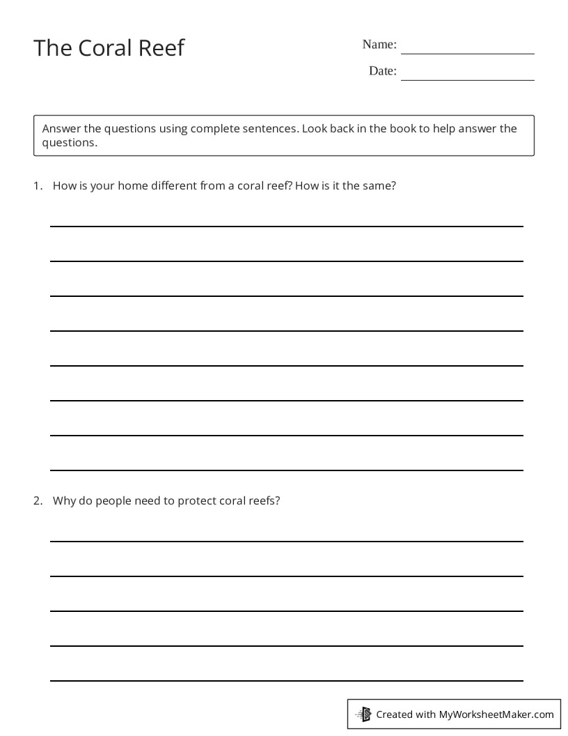 The Coral Reef - My Worksheet Maker: Create Your Own Worksheets
