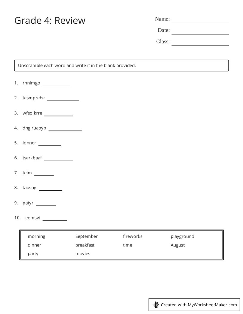 Grade 4: Review - My Worksheet Maker: Create Your Own Worksheets