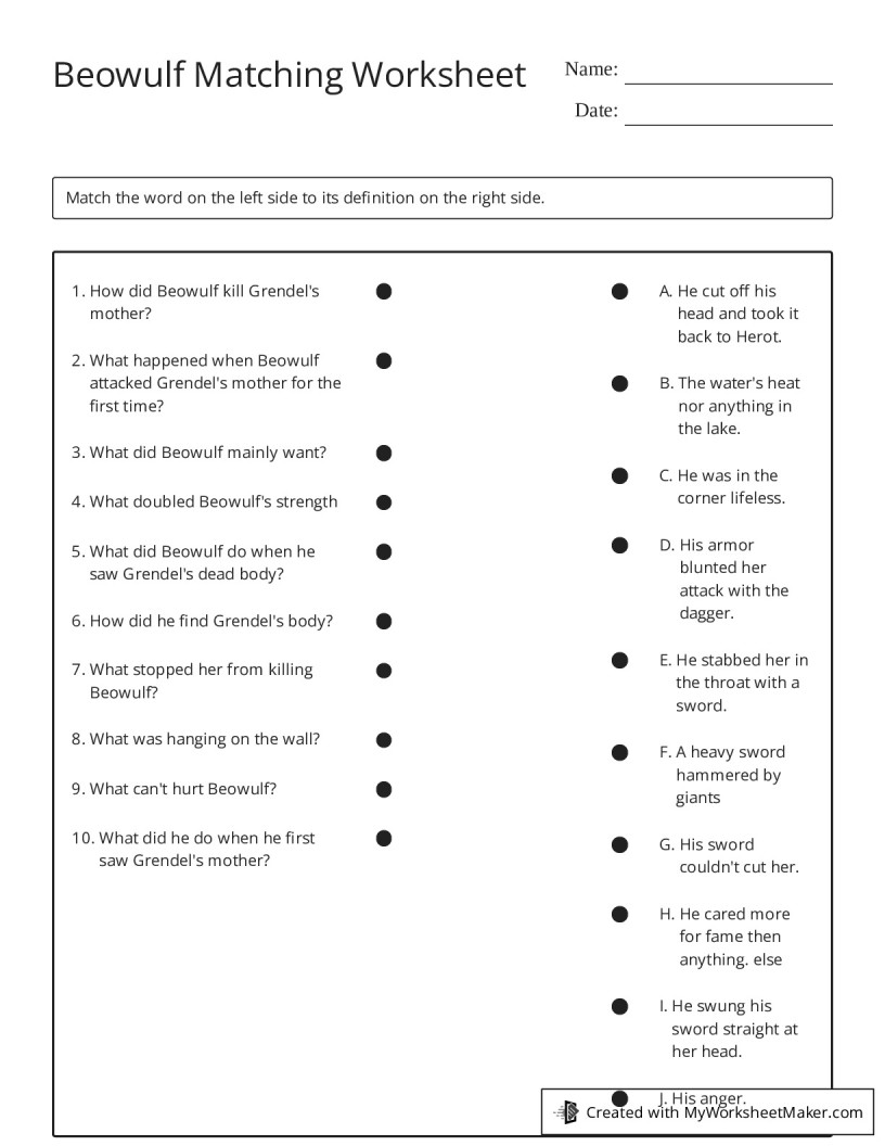 Beowulf Matching Worksheet - My Worksheet Maker: Create Your Own Worksheets